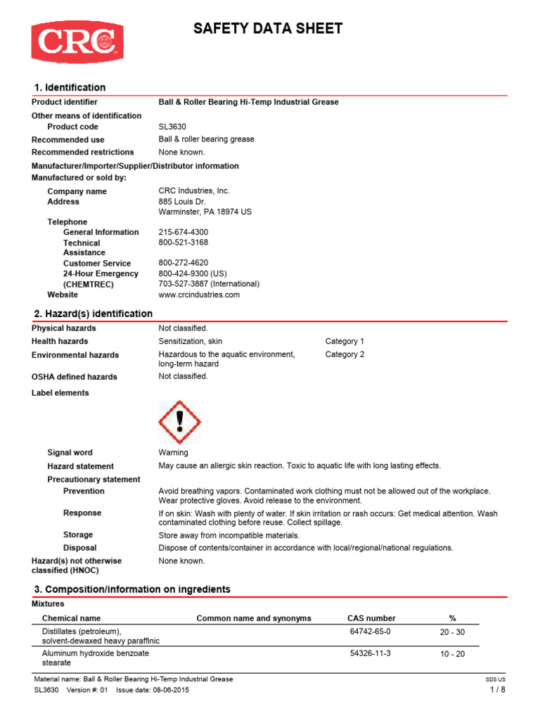 Hi-Temp Industrial Grease Safety Data Sheet | PDF | Waste | Toxicity
