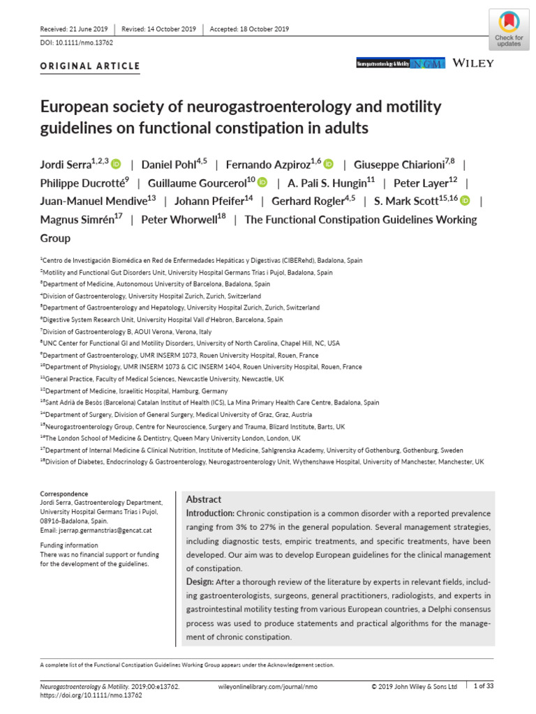 European Society of Neurogastroenterology and Motility Guidelines On Functional Constipation in ...