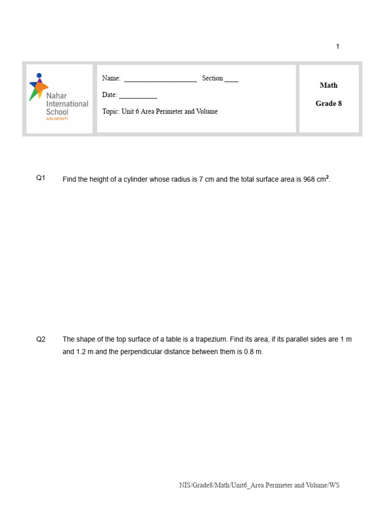 Grade8 Worksheet Ch6 2nd Semester Area, Perimeter and Volume AY2024-25 ...