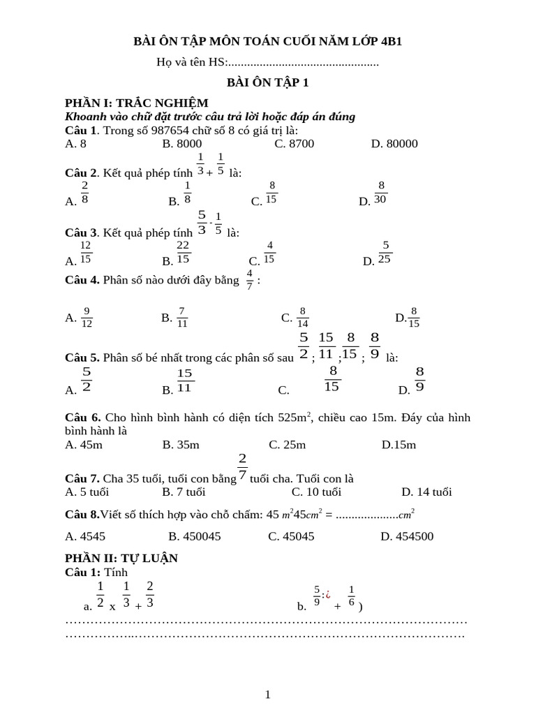 15 de On Tap Cuoi Hkii Mon Toan Lop 4 | PDF