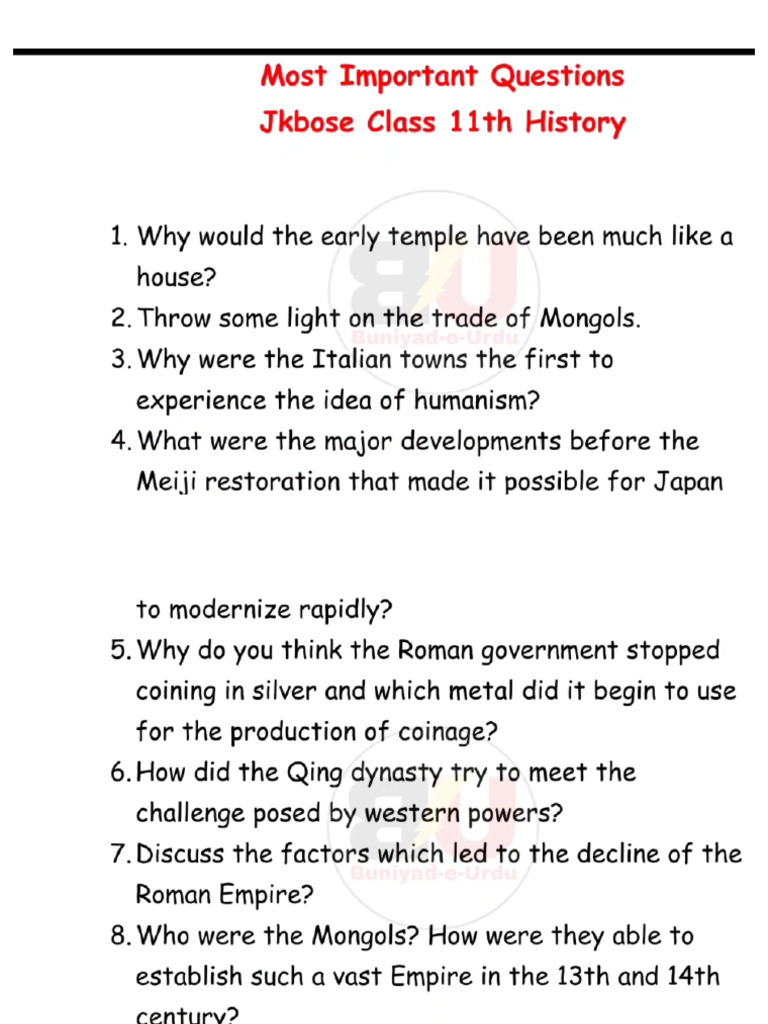 Most Important Questions Jkbose Class 11th | PDF