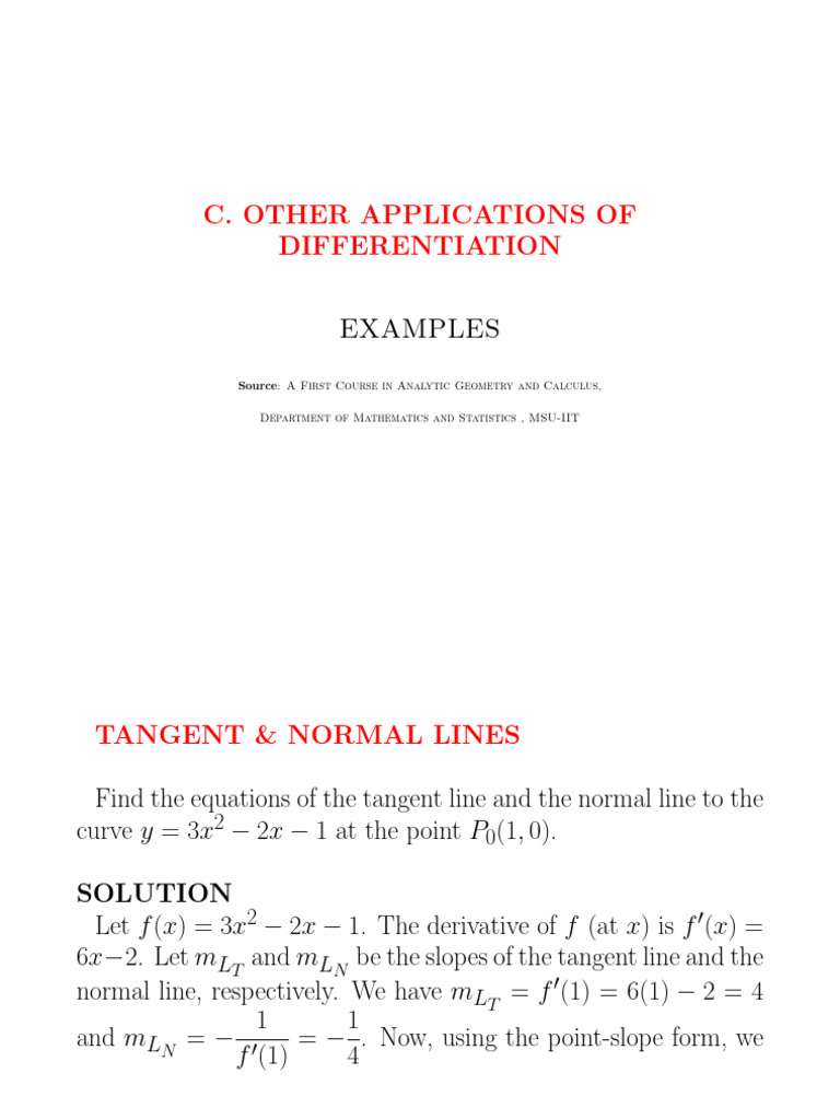 10-Other Applications of Derivatives (EXAMPLES) | PDF | Tangent | Area