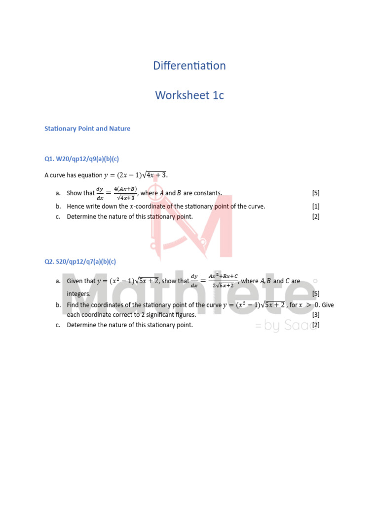 Differentiation Worksheet 1c | PDF | Mathematical Analysis | Mathematical Objects