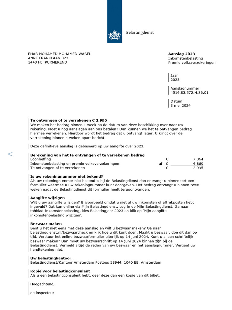 Definitieve Aanslag Inkomstenbelasting 2023 21-04-2024 00.00u | PDF