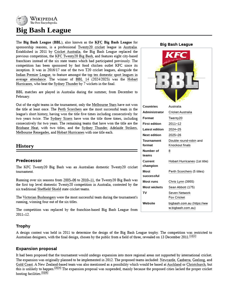 Big Bash League Overview and Schedule | PDF | Cricket Competitions ...