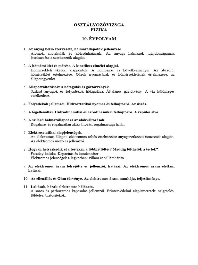 Osztályozó Vizsga Fizika 10 | PDF