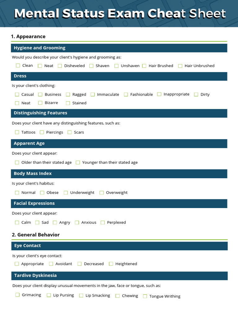 Mental Status Exam Cheat Sheet 2024 | PDF | Affect (Psychology) | Mood ...