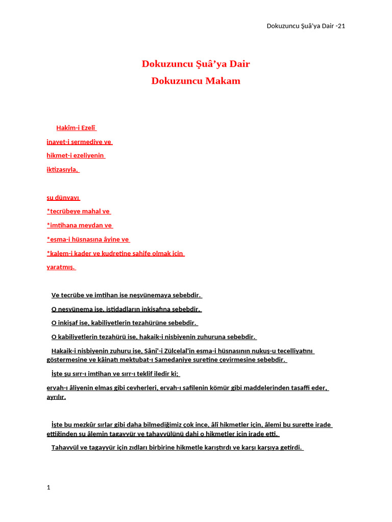 Dokuzuncu Şuâ'Ya Dair-21, (Dokuzuncu Makam) | PDF