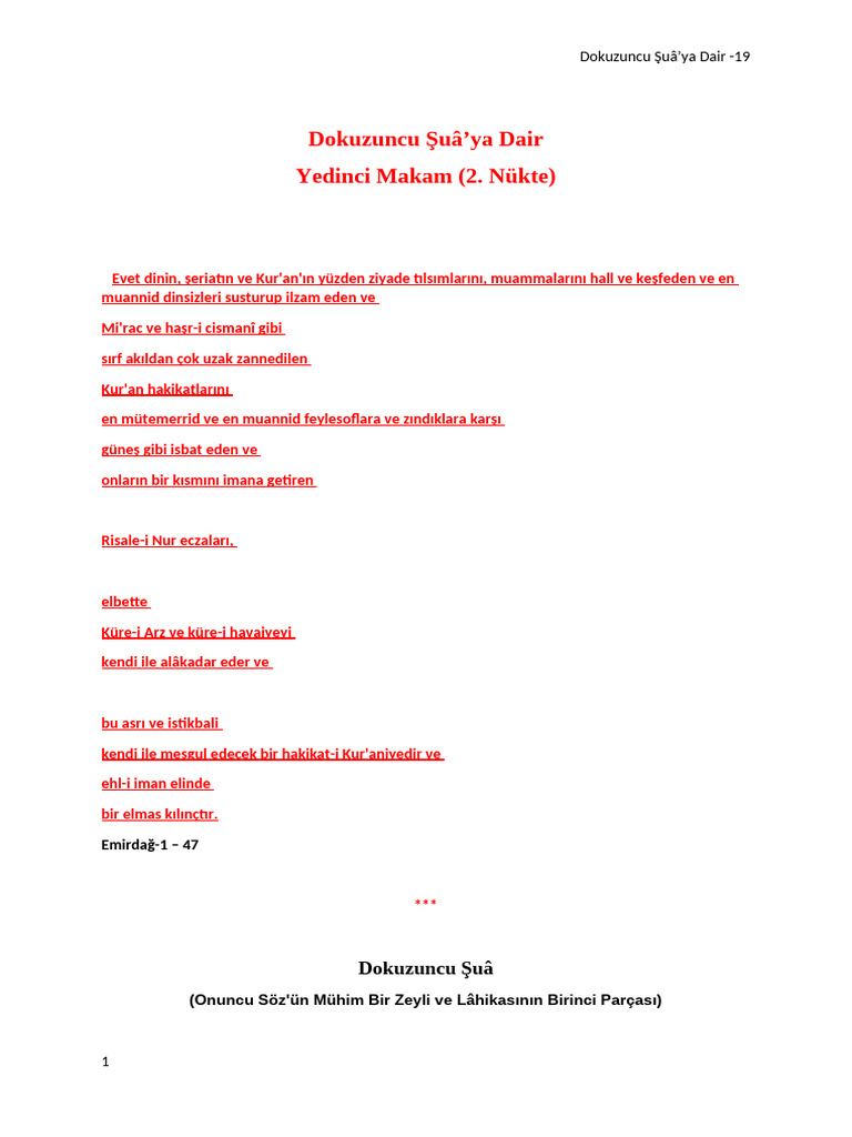 Dokuzuncu Şuâ'Ya Dair-19, (Yedinci Makam (2. Nükte) | PDF