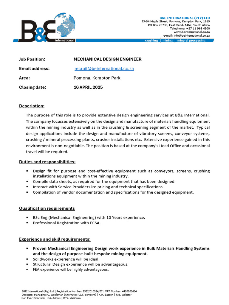 Mechanical Design Engineer Vacancy 2025 | PDF