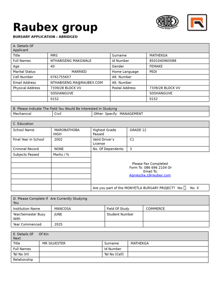 Bursary Application Form Word | PDF