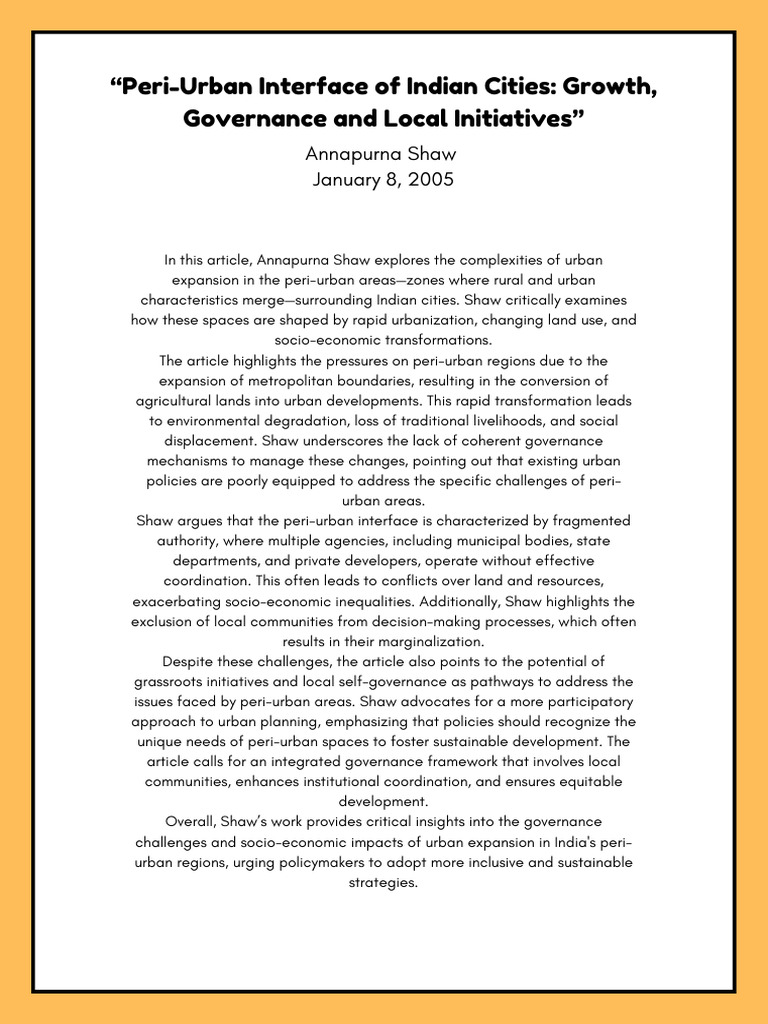 "Peri-Urban Interface of Indian Cities Growth, Governance and Local ...
