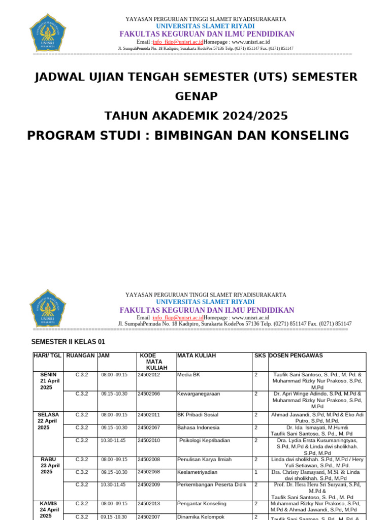 Jadwal Uts BK Genap 2024-2025 | PDF