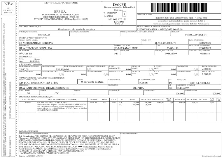NFE BRF (2) | PDF | Recibo | Business