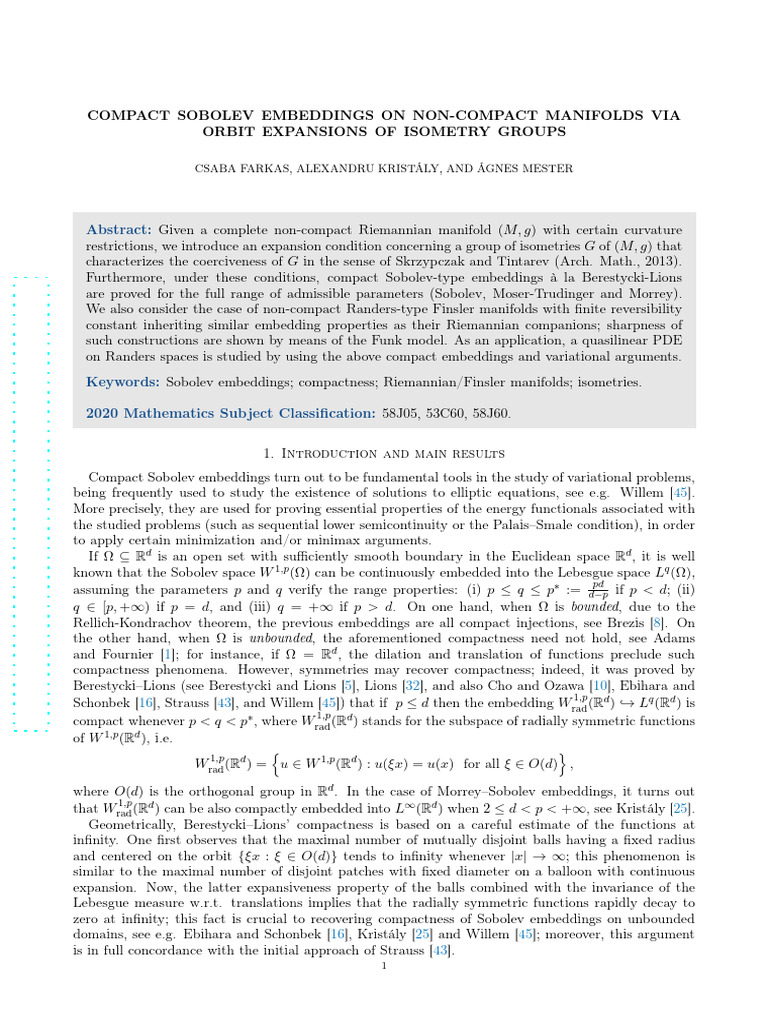 Farkas-Kristály-Mester Compact Sobolev Embeddings Via Groups | PDF | Manifold | Compact Space