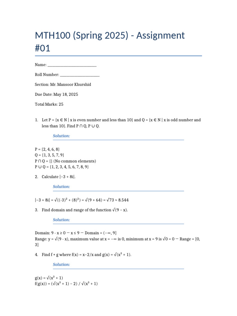 MTH100 Assignment 01 Solved | PDF