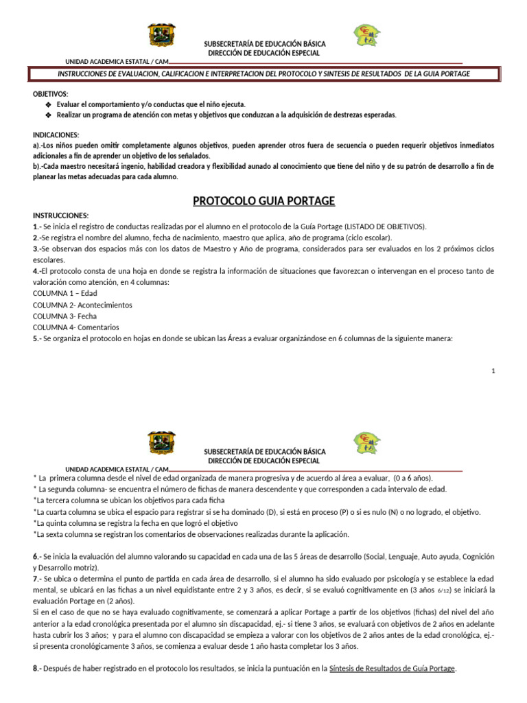 Instructivo Protocolo Guia Portage | PDF | Aprendizaje | Educación especial