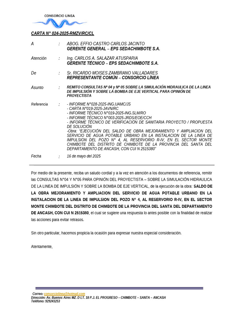 CARTA N°24 INF. TECNICO DE SUSTENTO DE CONSULTA N° 4 Y 5 | PDF