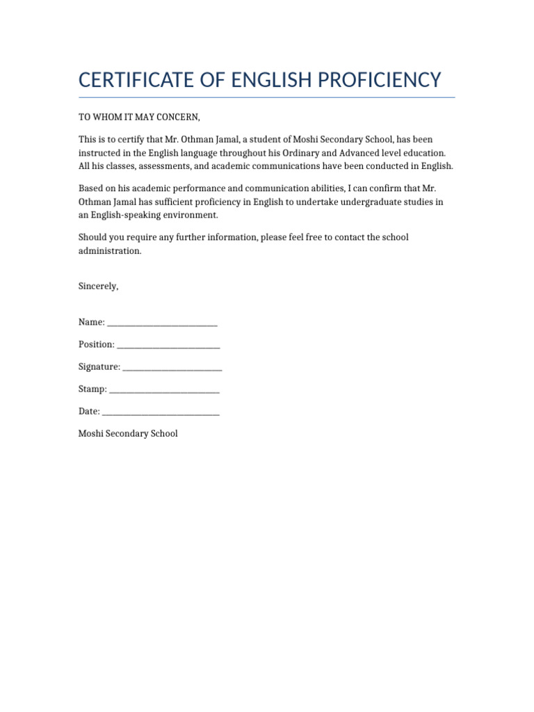 English Proficiency Certificate for Othman Jamal | PDF