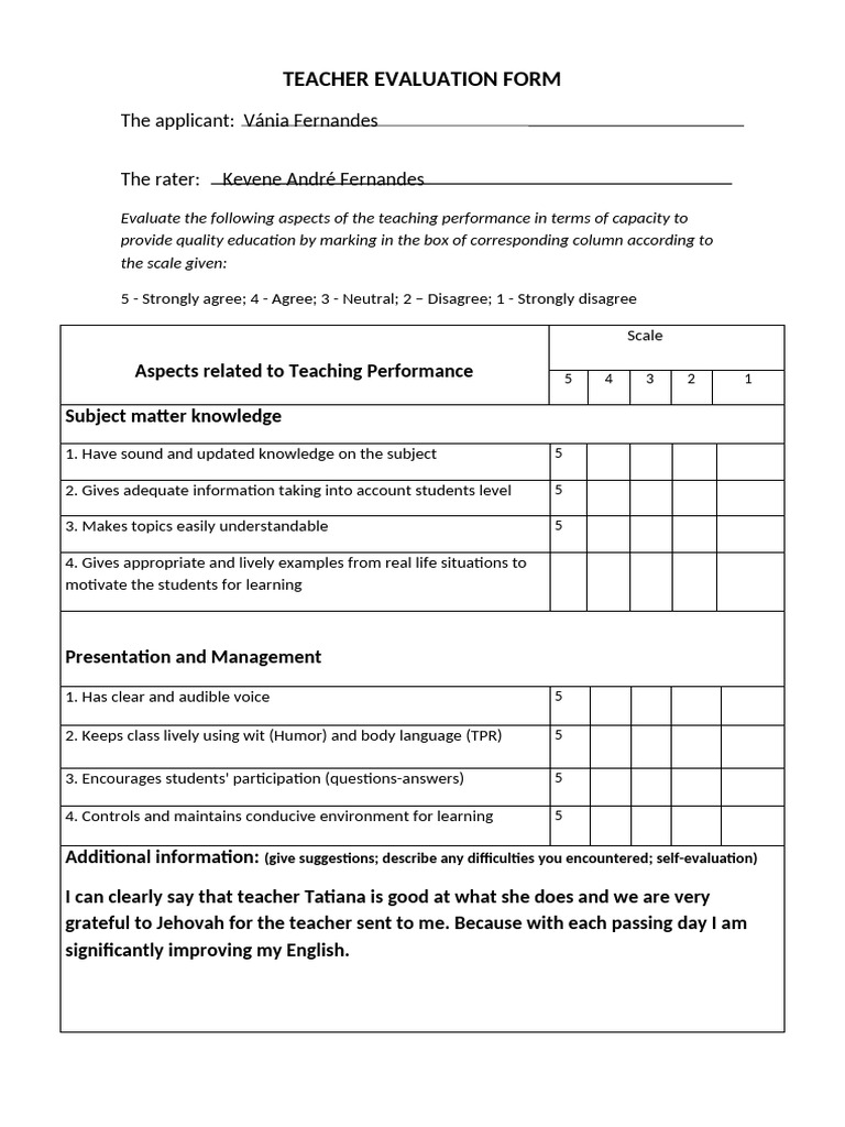 Teacher Evaluation Form Overview | PDF