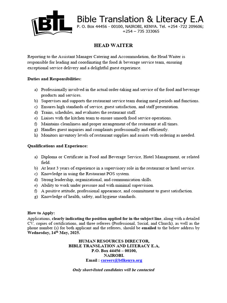 Head Waiter Duties and Responsibilities | PDF
