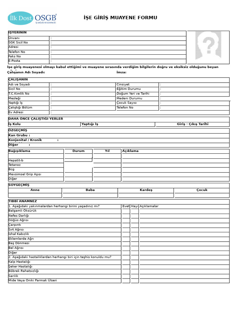 Ek 2 Ise Giris Muayene Bos Formu | PDF