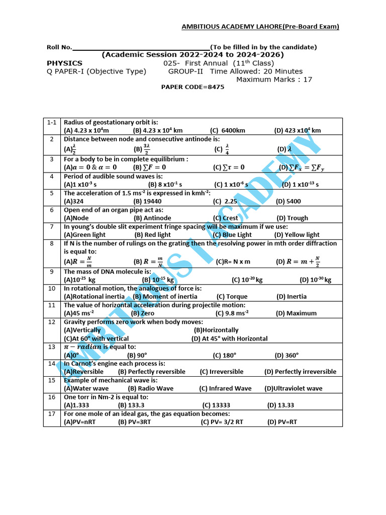 Inter 1 Physics Pre Board 2025 Ambitious | PDF | Light | Force
