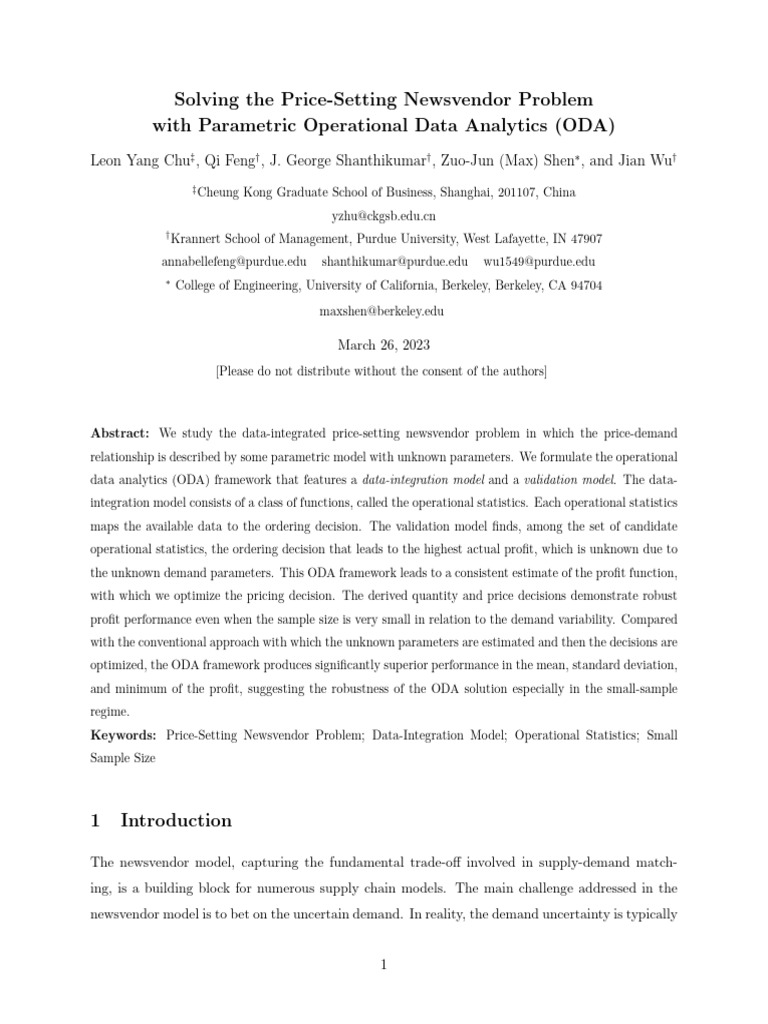 Solving the Price-Setting Newsvendor Problem with Parametric Operational Data Analytics | PDF ...