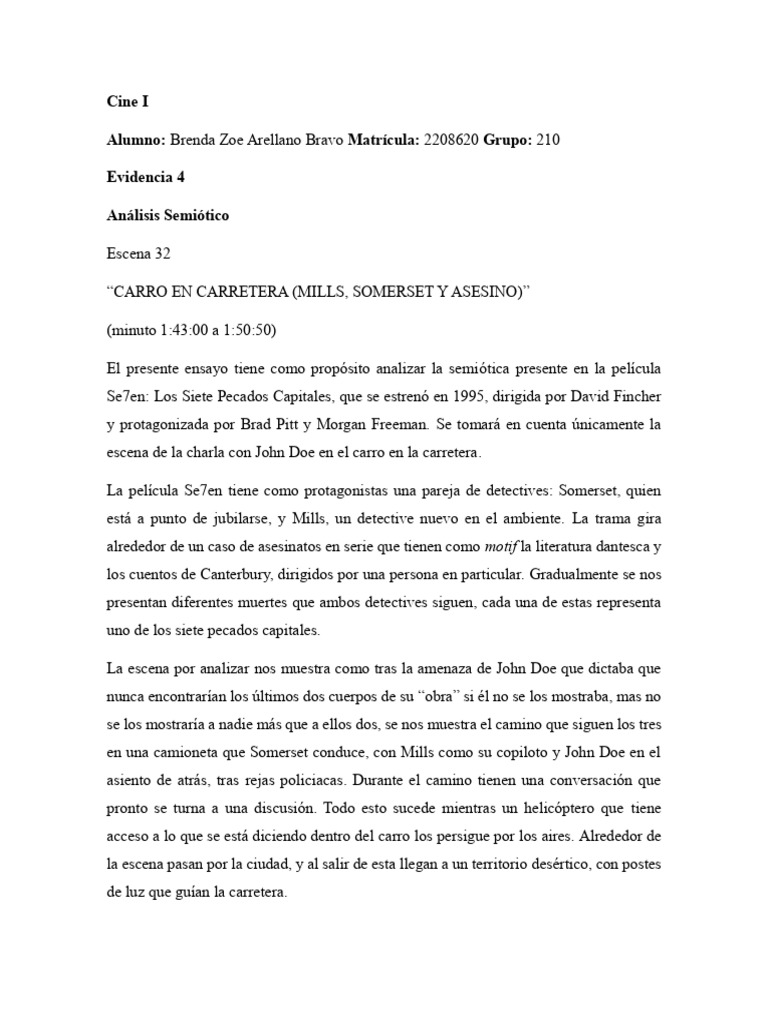 Escena Carro en Carretera Se7en Análisis Semiotico | PDF