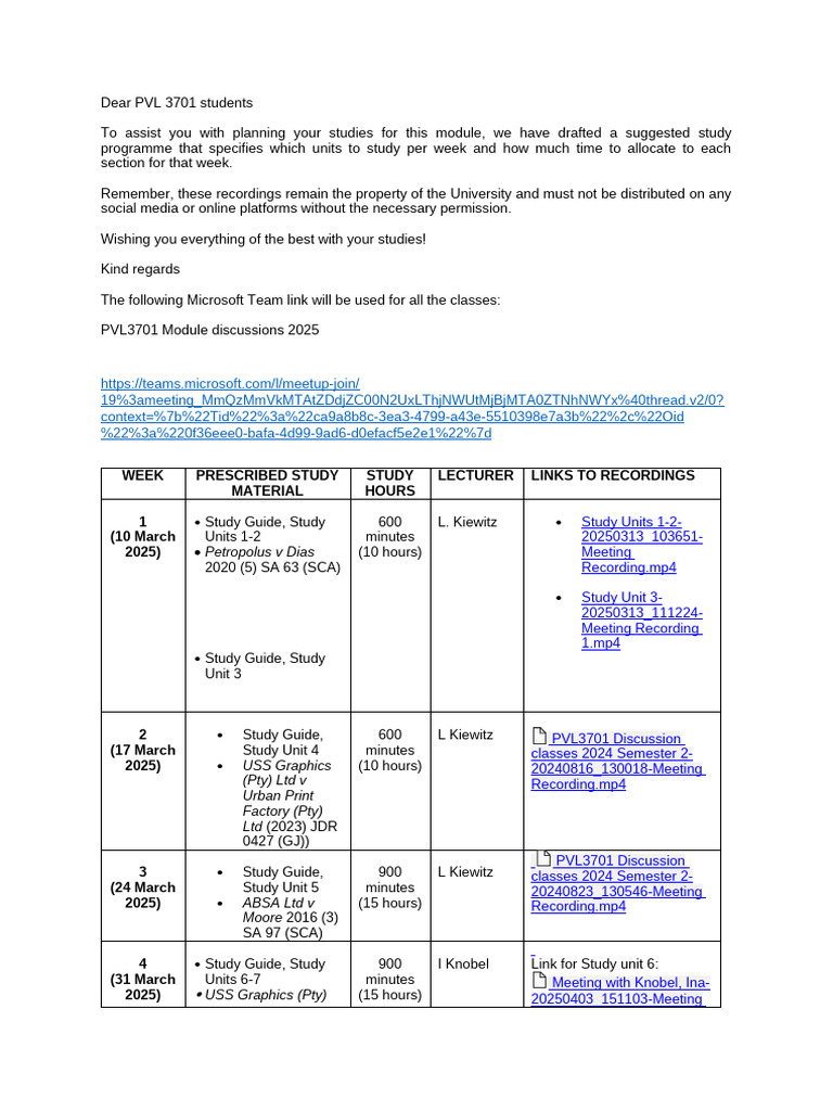 PVL3701 Study Schedule - Sem - 12 - 2025 | PDF