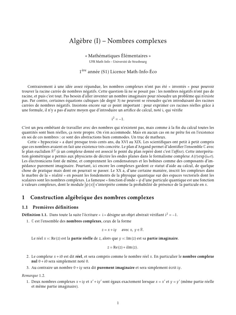 Cours (nombres complexes) parties 1 et 2 uniquement | PDF | Nombre ...