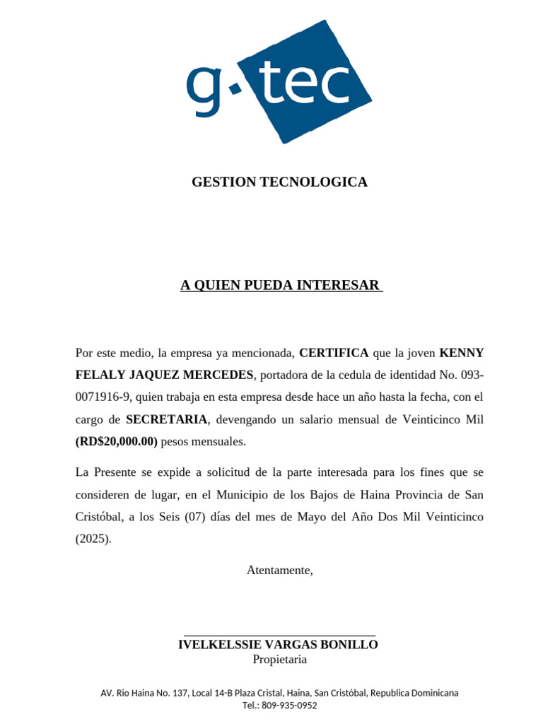 Carta de trabajo---GESTION TECNOLOGICA GTEC, KENNY FELALY JAQUEZ ...