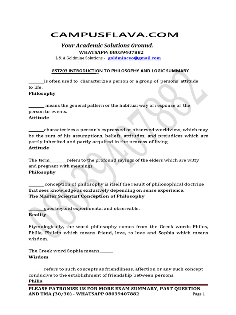GST203_INTRODUCTION_TO_PHILOSOPHY_AND_LOGIC_SUMMARY_08039407882 | PDF ...