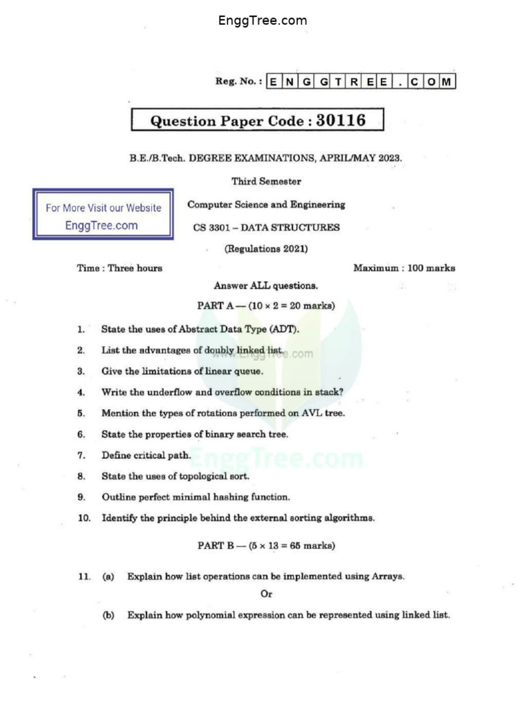 CS3301 Data Structures Apr May 2023 Question Paper Download | PDF