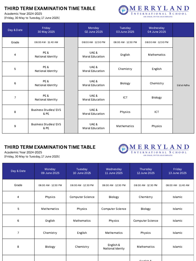 2024-2025 Term 3 Timetable - GR 4 To 9 | PDF