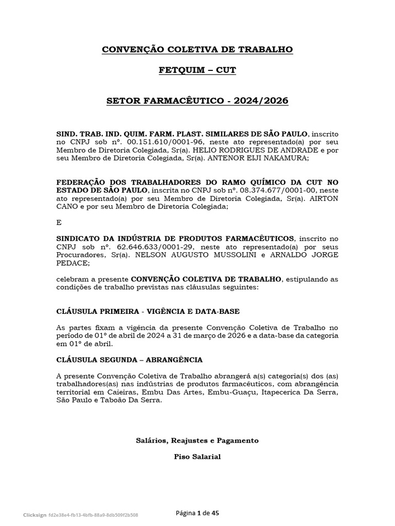 CCT - FETQUIM - SP - 2024 - 2026.docx - Clicksign | PDF | Salário | Hora extra