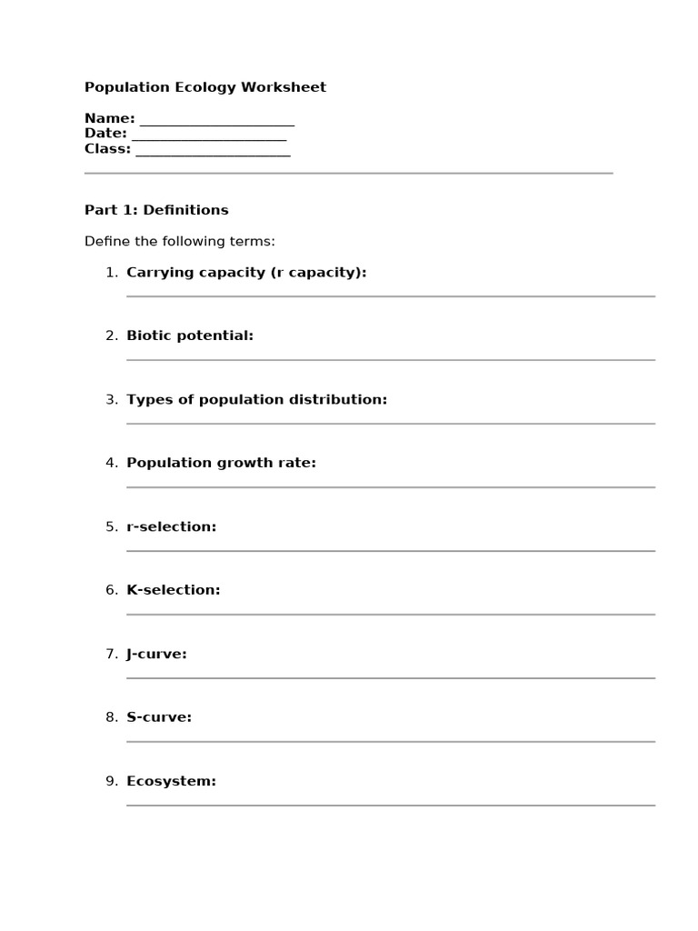 Population Ecology Worksheet | PDF
