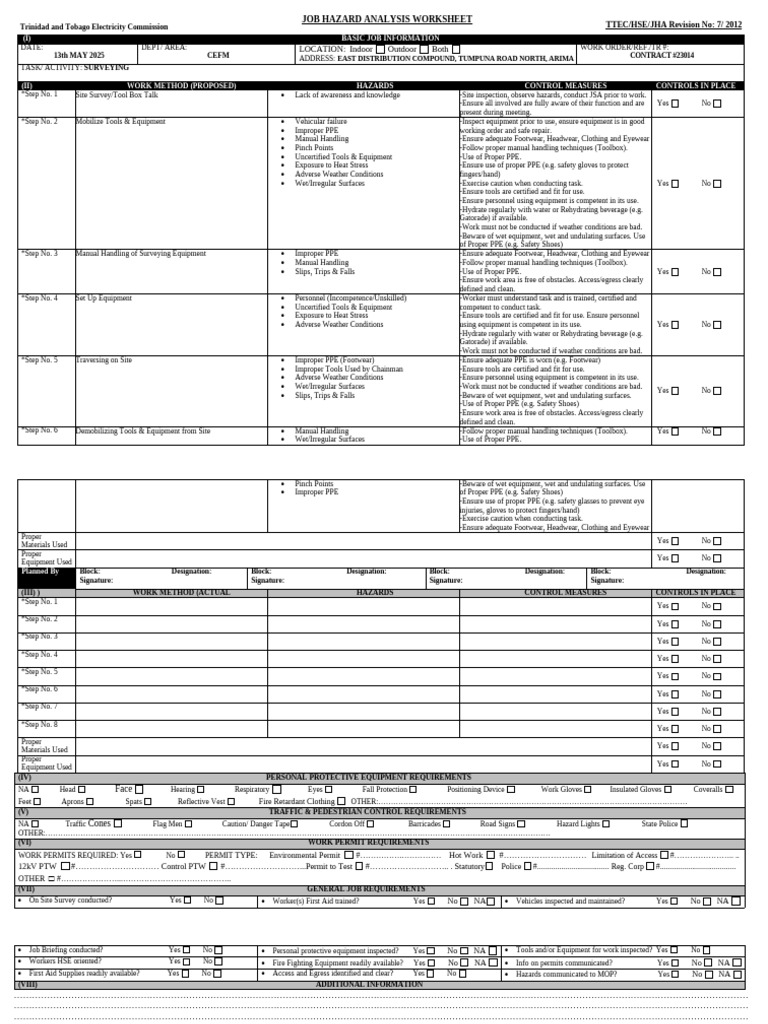 TTEC JHA FORM (Surveying) | PDF | Personal Protective Equipment ...