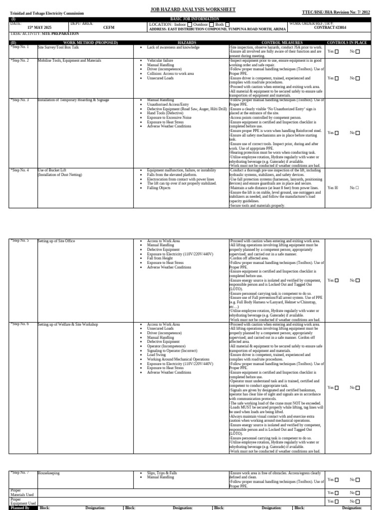 Job Hazard Analysis Worksheet Template | PDF | Elevator | Personal ...