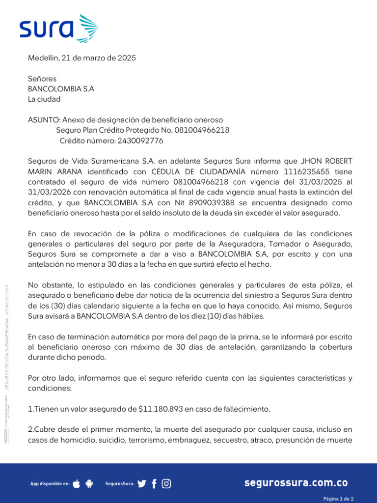 Endoso Vida Deudor 2025 2026 Bancolombia Jhon Robert Marin Arana | PDF ...