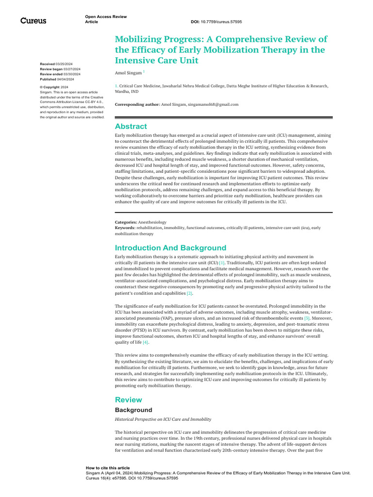 Efficacy of Early Mobilization in ICU | PDF | Intensive Care Medicine ...