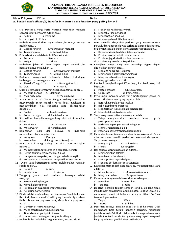 Soal PTS PPKN Kelas V TH 2023-2024 | PDF