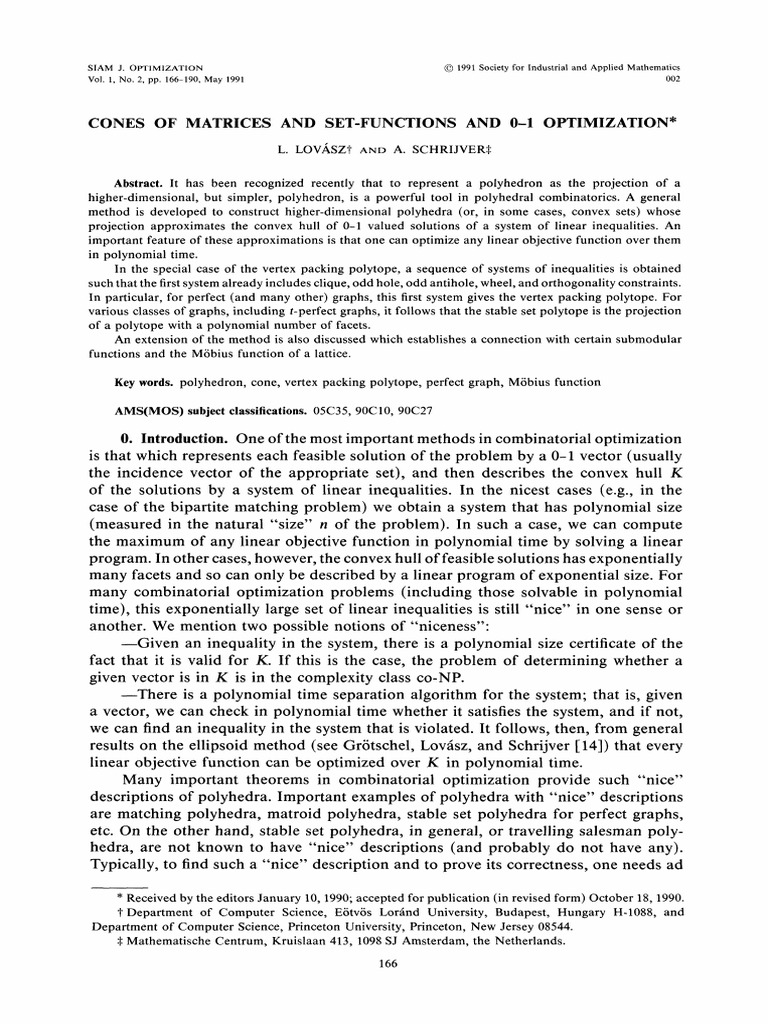 Lovász, L. Et Schrijver, A. - Cones of Matrices and Set-Functions and 0 ...