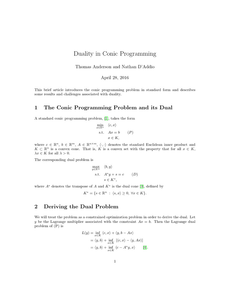 Thomas Anderson Et Nathan D'Addio - Duality in Conic Programming (2016) | PDF | Mathematical ...