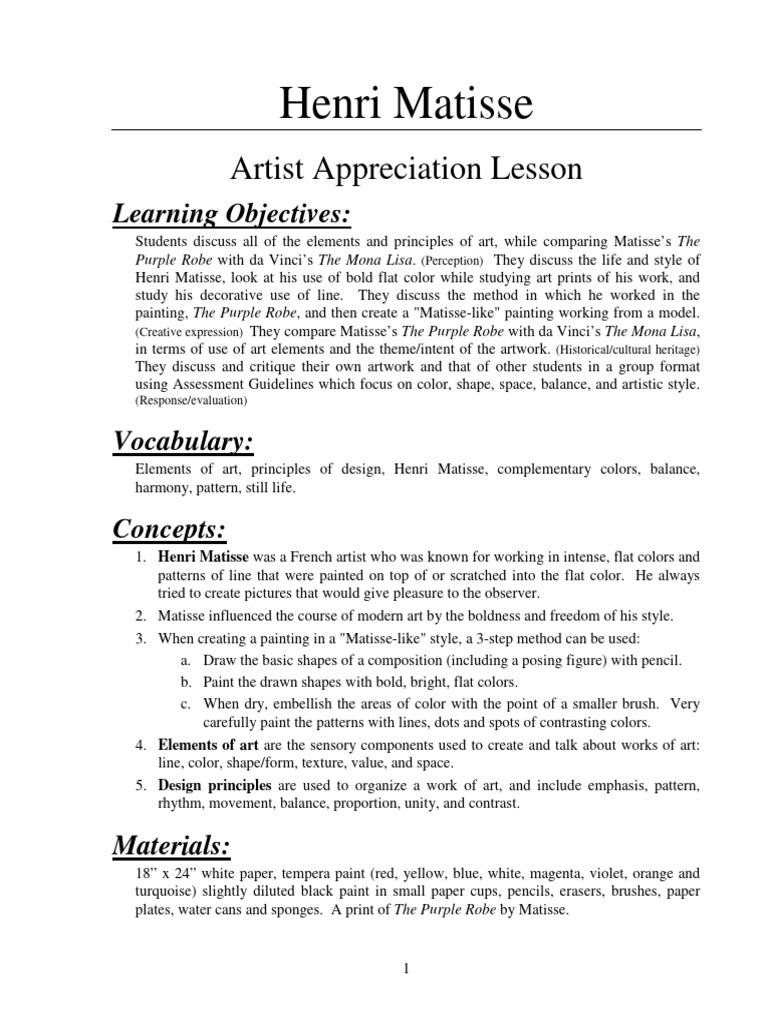 ArtsAttack 4 Grade Henri Matisse | PDF | Paintings | Still Life