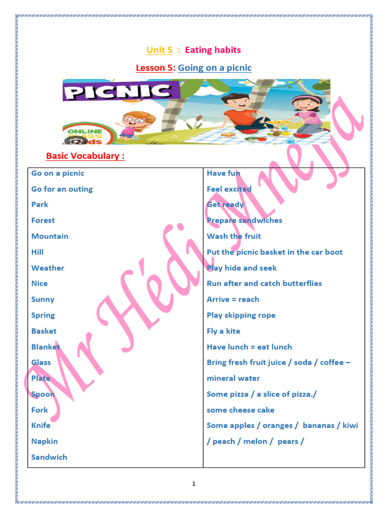 Unit 5 Eating Habits - Lesson 5 - Going On A Picnic | PDF | Picnic | Lunch