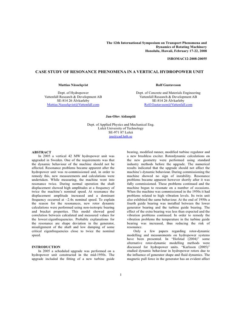 CASE STUDY OF RESONANCE PHENOMENA IN A VERTICAL HYDROPOWER UNIT | PDF ...
