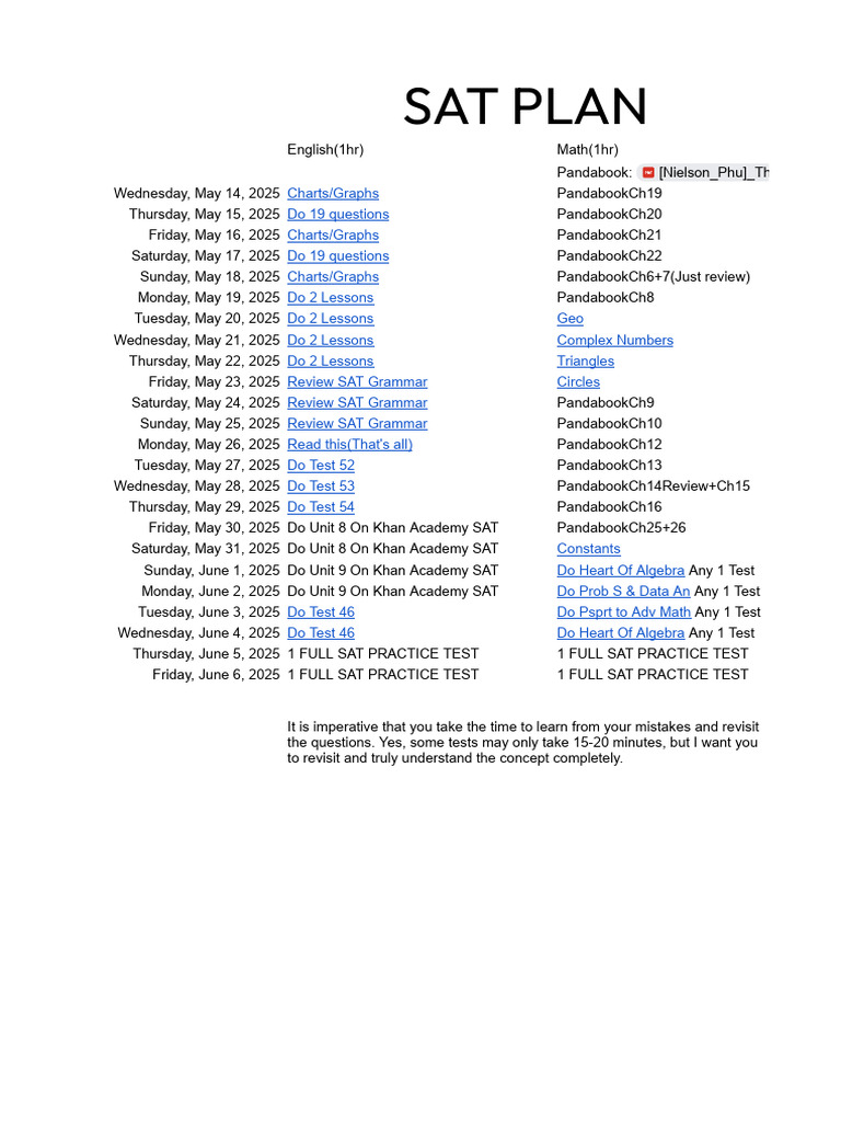 Comprehensive SAT Study Schedule | PDF