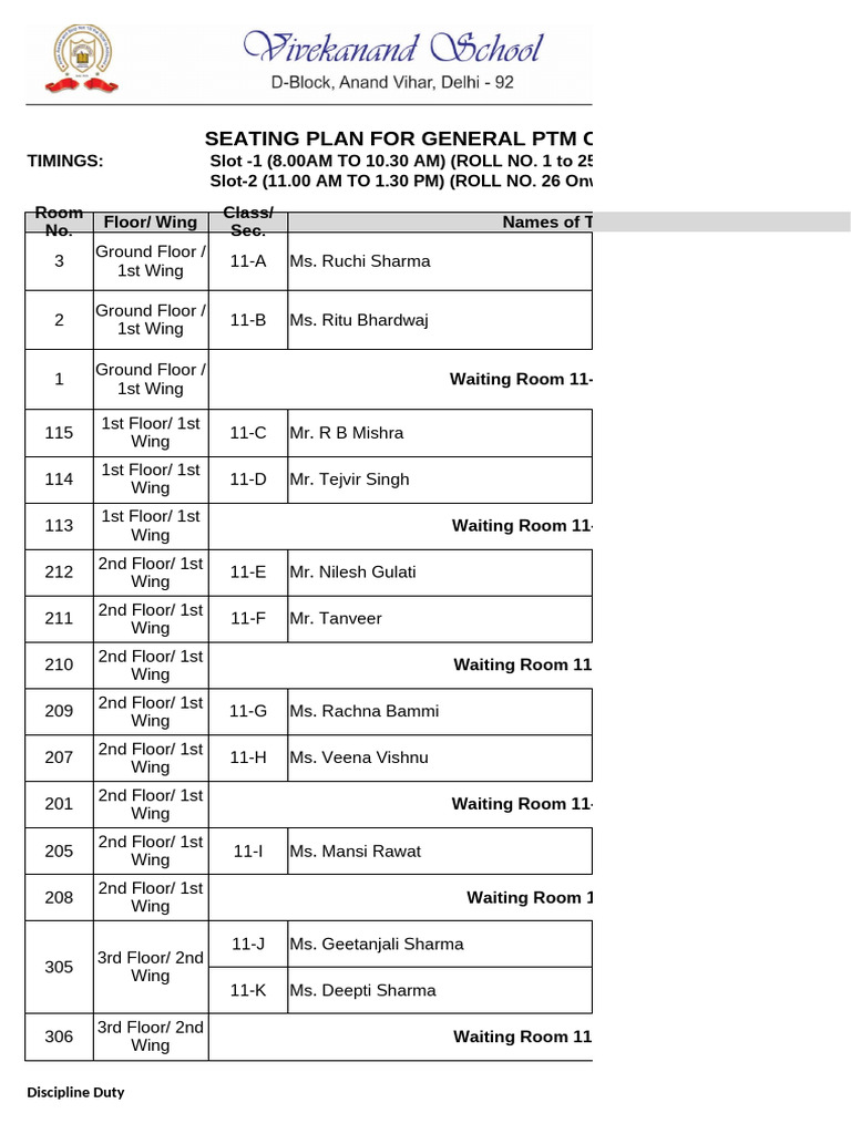 SEATING PLAN FOR GENERAL PTM CLASS- XI-1 | PDF