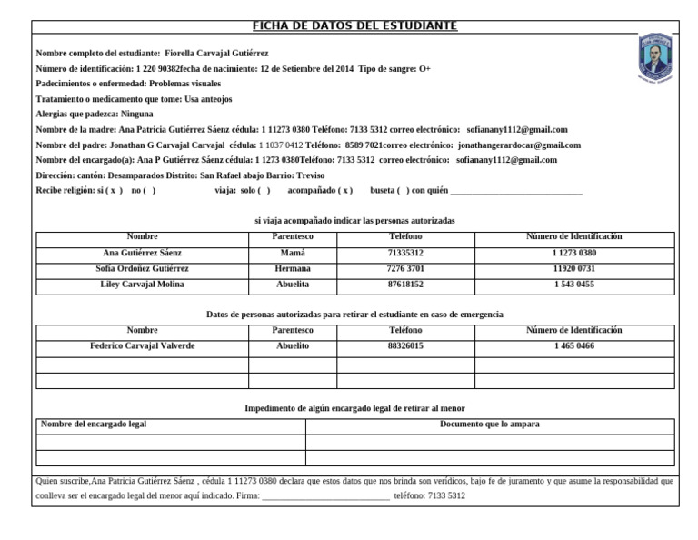Ficha de Datos del Estudiante Fiorella | PDF